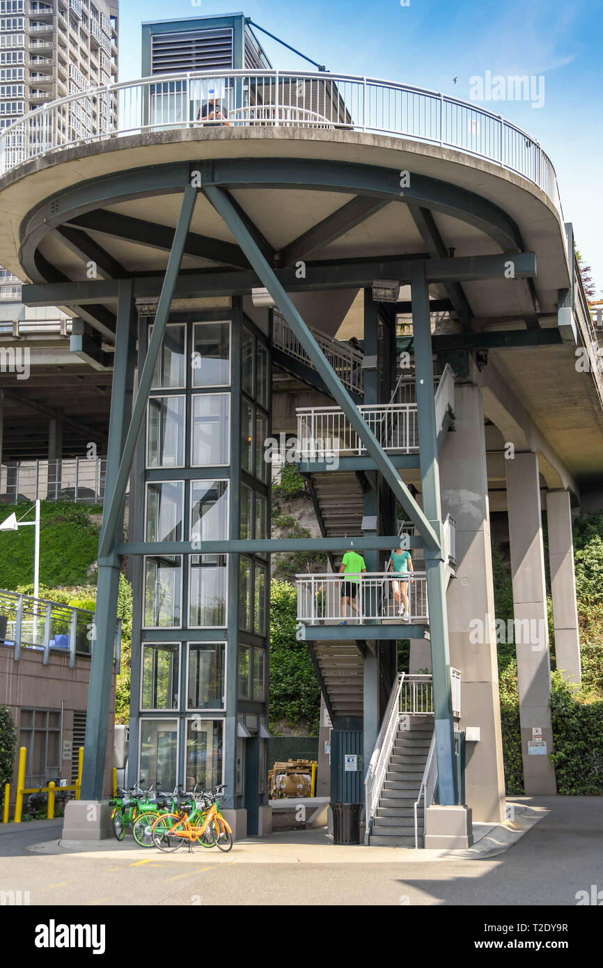 SEATTLE, WASHINGTON STATE, USA - JUNE 2018: Public elevator and stairs ...