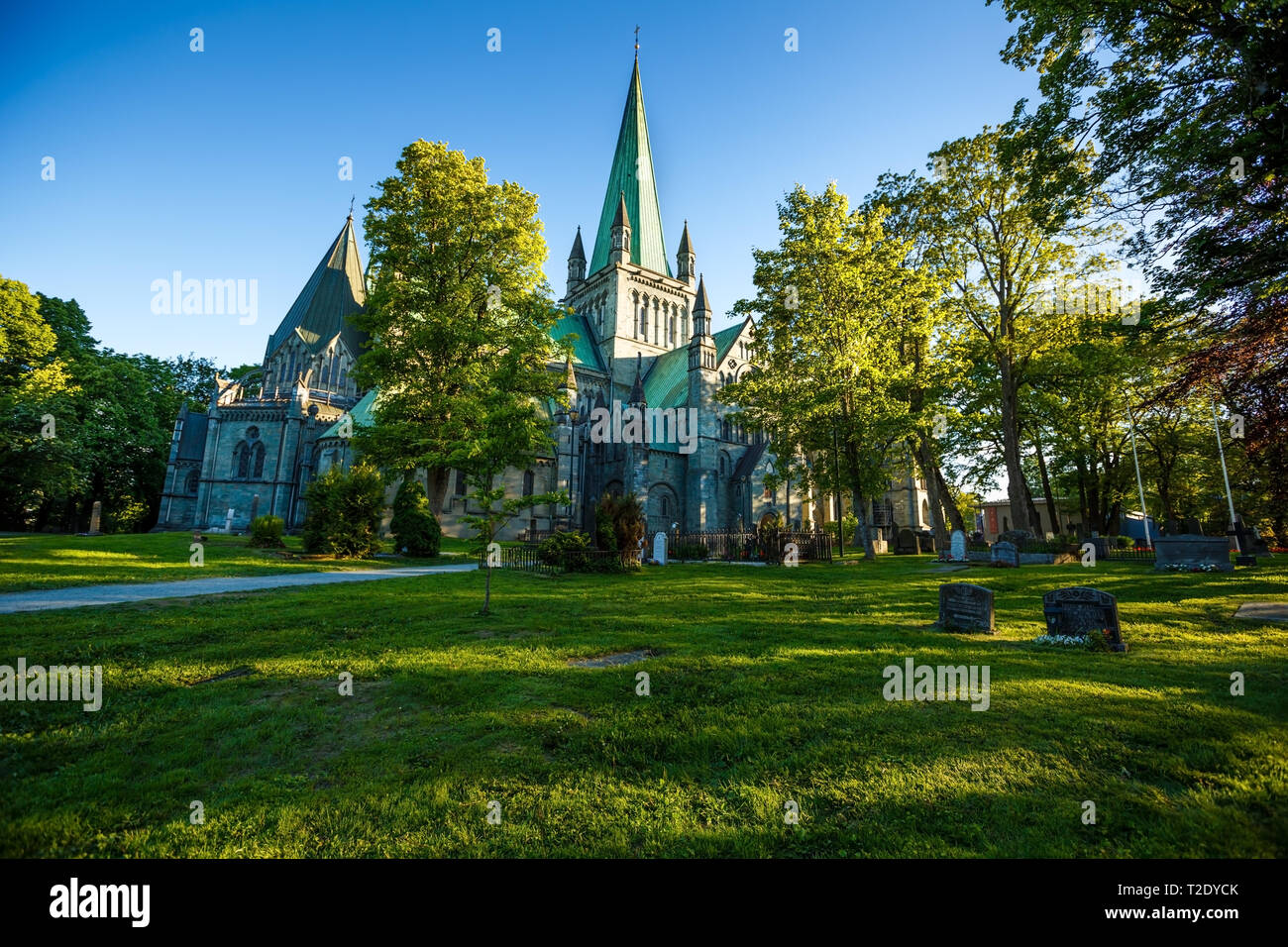 The medieval Nidaros Cathedral in the center of the city Trondheim ...