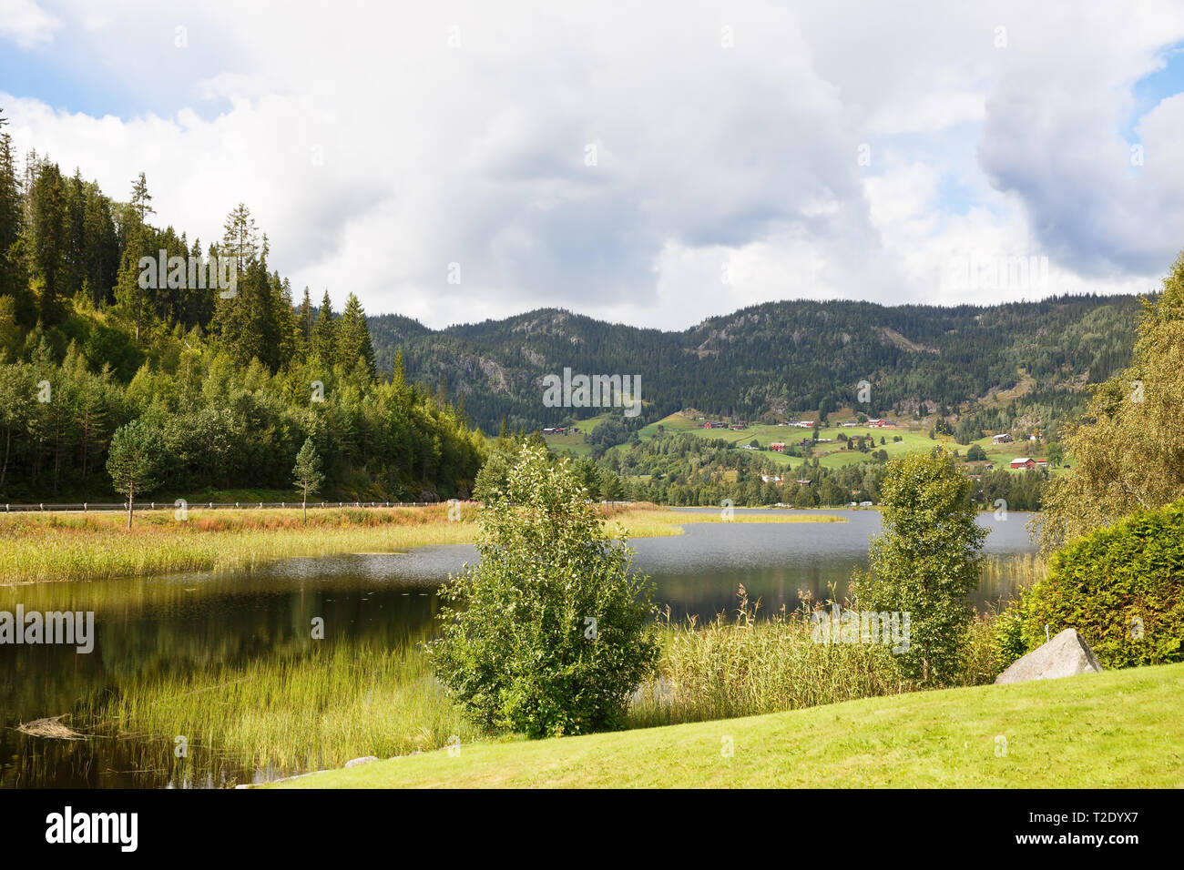 Beautiful rural scene with village, lake and mountains in Norway Stock ...