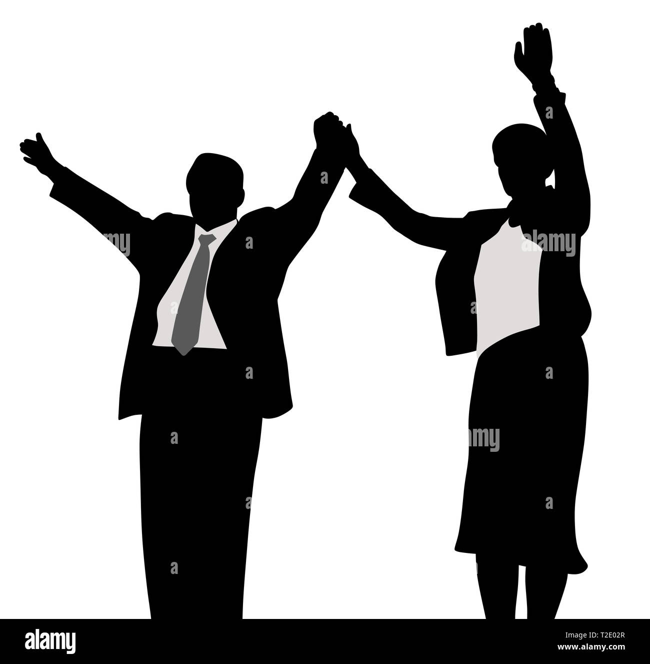 Husband and wife business political campaign winners, waving raised ...