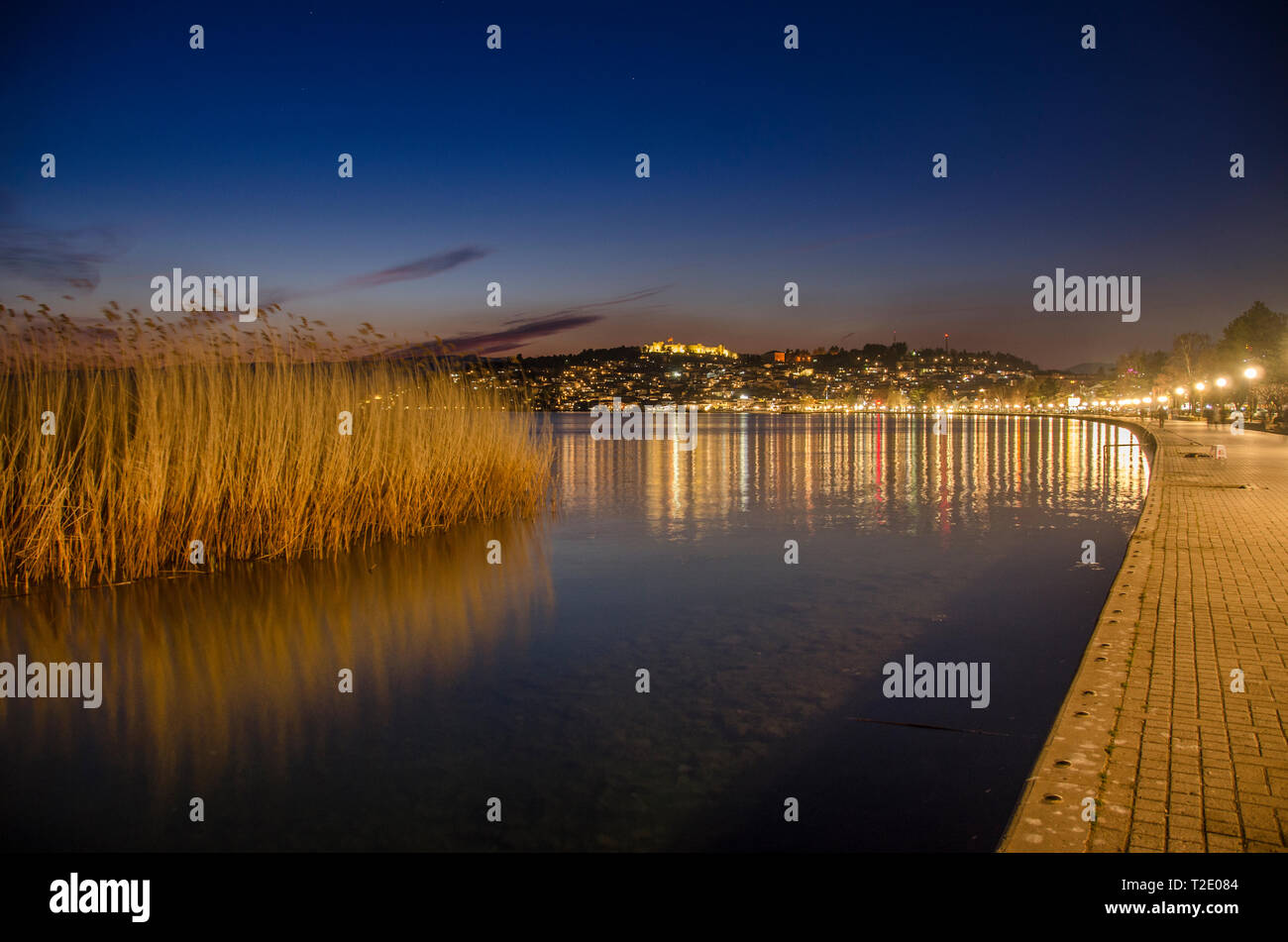 Ohrid, Macedonia – Night scene - view toward old town – Ohrid Lake ...