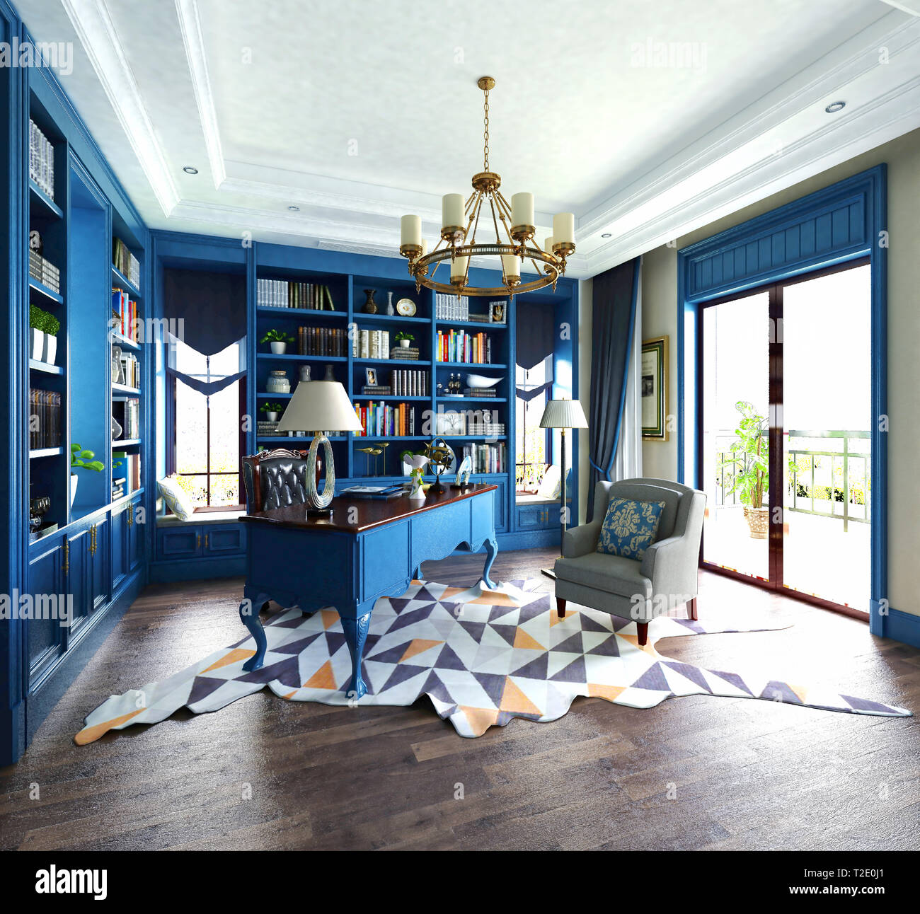 3d render of blue color working room Stock Photo - Alamy