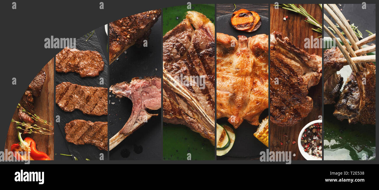 Collection of grilled meat meals, free space in corner, menu ...