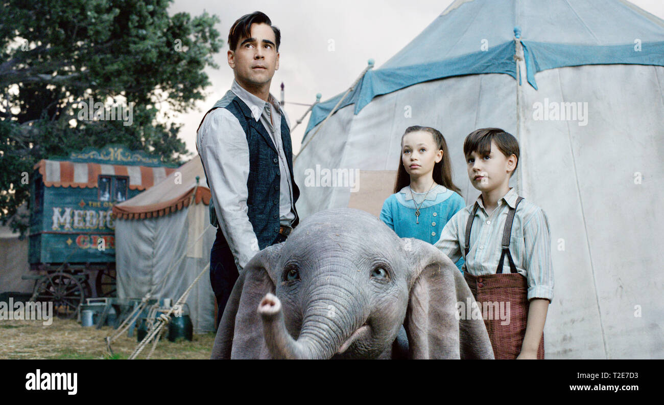 DUMBO, from left: Colin Farrell, Dumbo, Nico Parker, Finley Hobbins ...