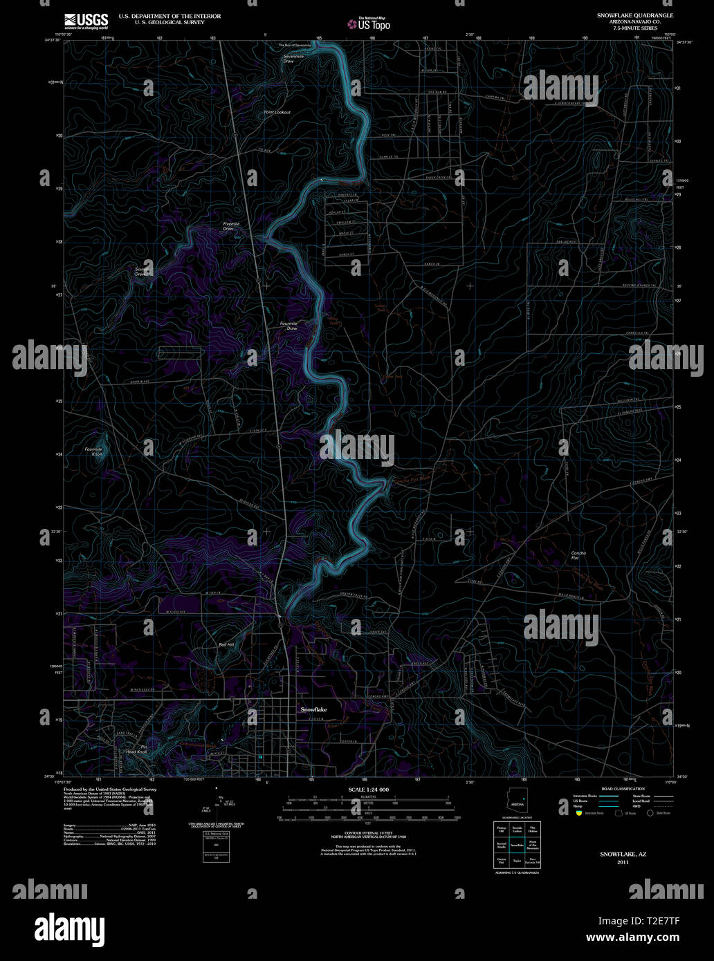 USGS TOPO Map Arizona AZ Snowflake 20111115 TM Inverted Restoration ...