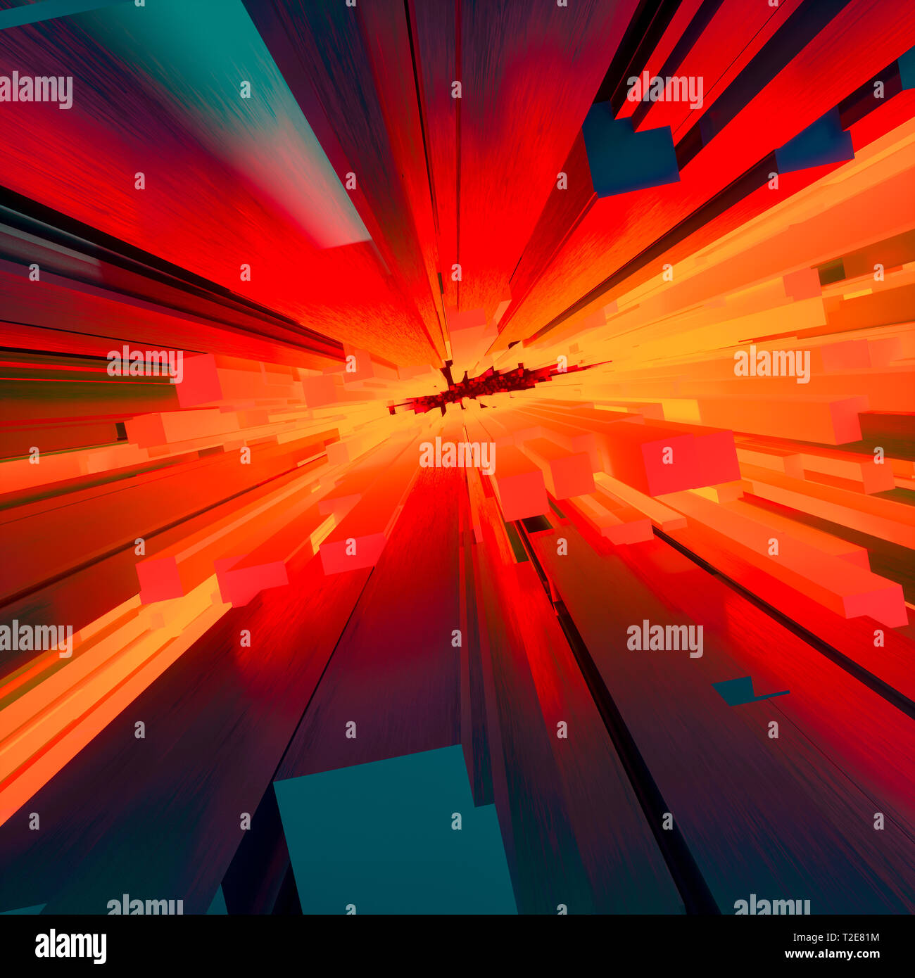 Fiery explosion or blast concept with rectangular dark blue rods on a ...