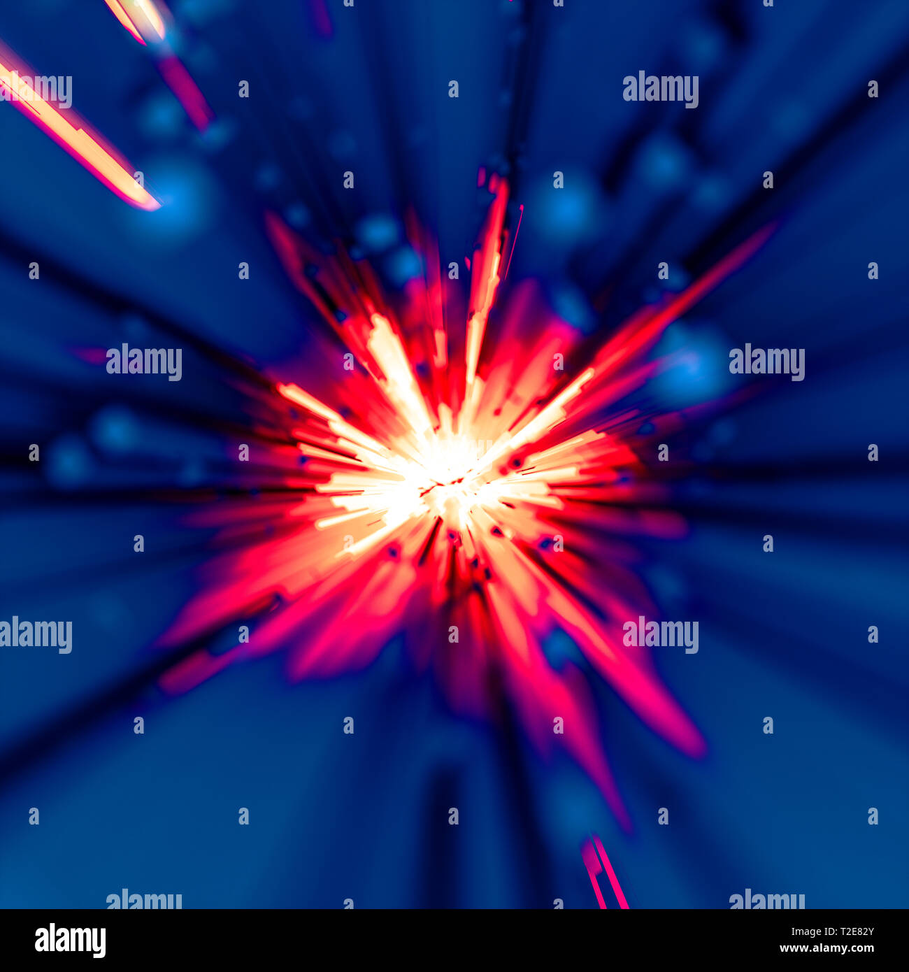 Fiery explosion or blast concept with rectangular dark blue rods on a ...
