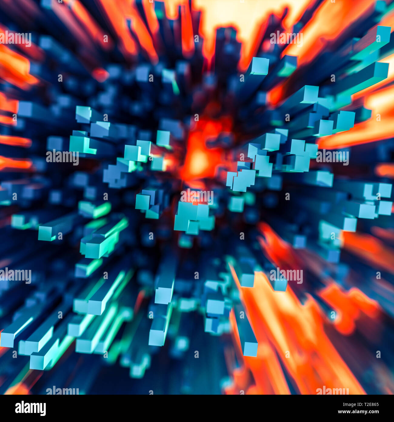 Fiery explosion or blast concept design with rectangular dark blue rods ...