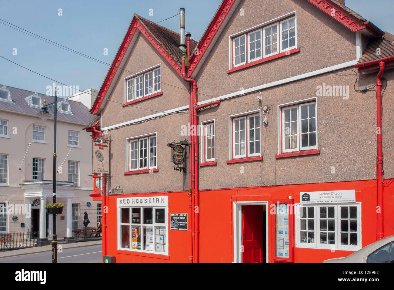 Distinctive public house exterior in Ireland. Gable wall of Red House ...