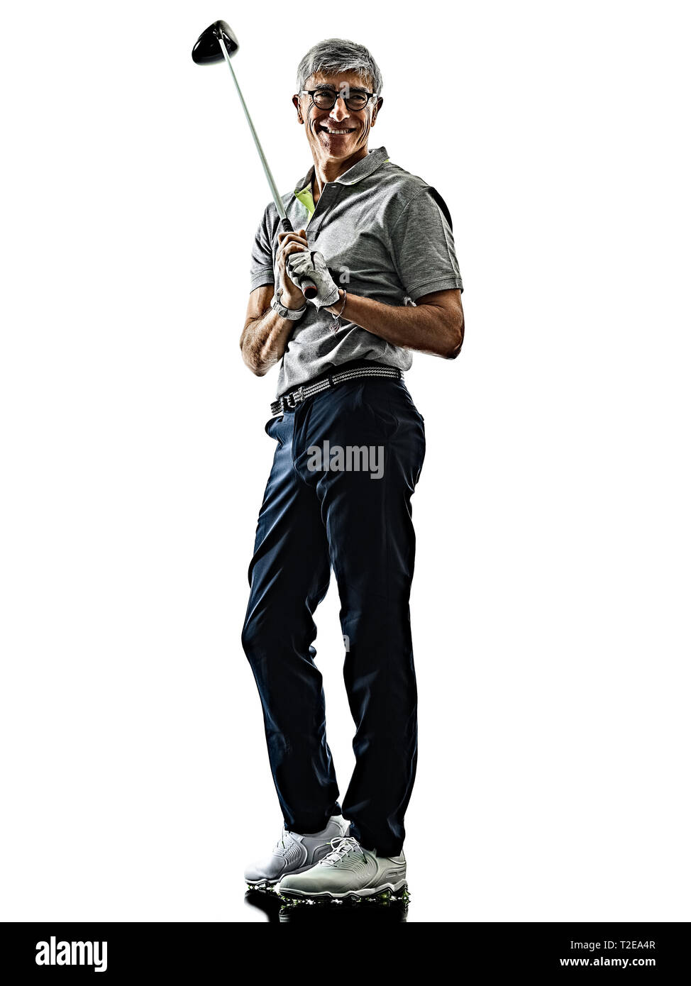 one caucasian senior man golfer golfing in studio shadow silhouette ...