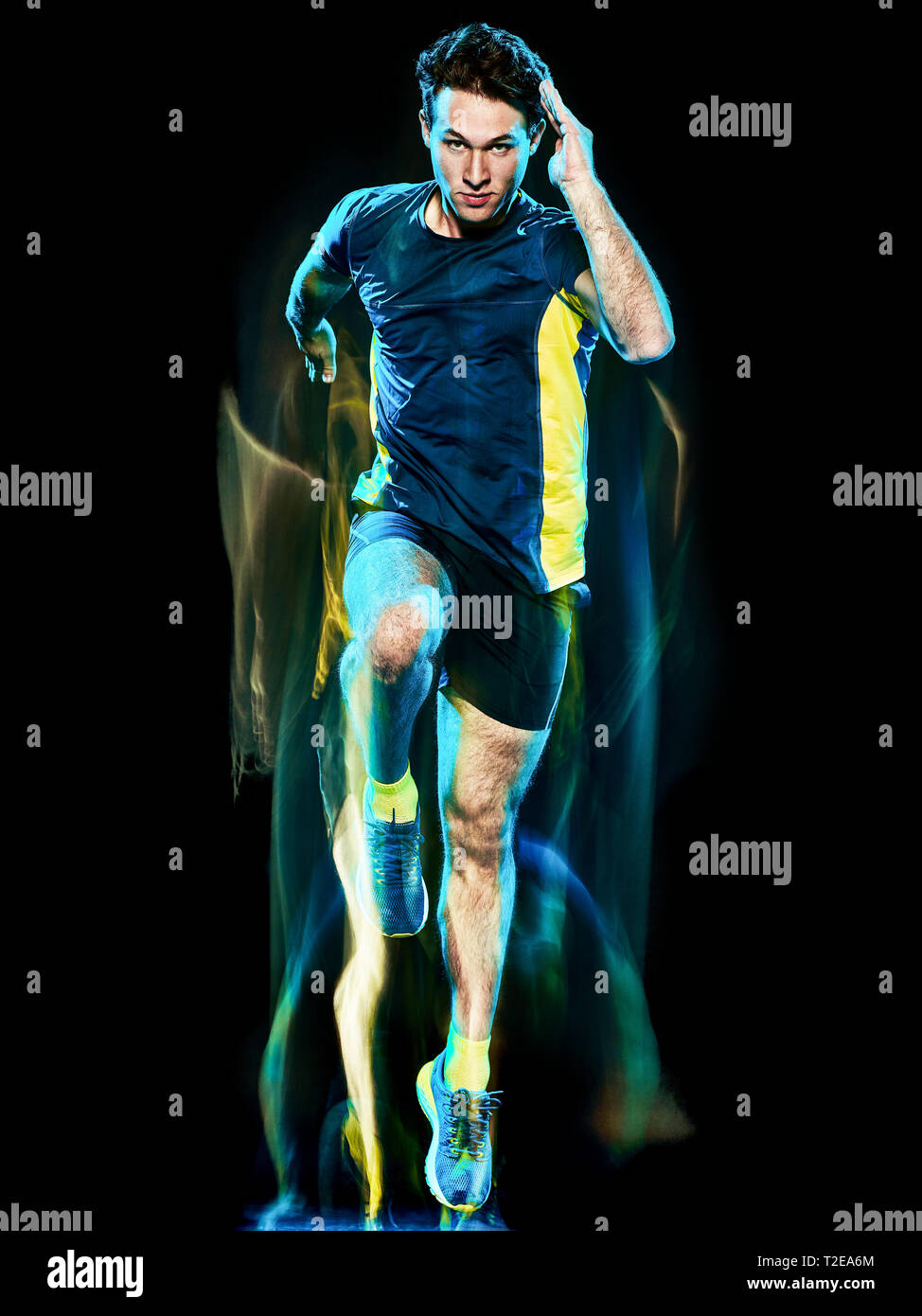 one caucasian runner running jogger jogging man light painting speed ...