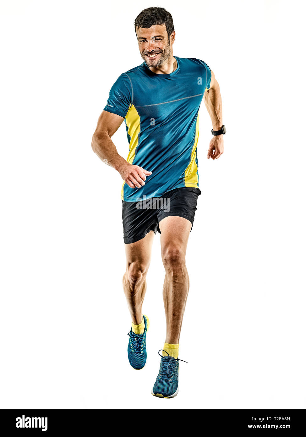 one caucasian handsome mature man running runner jogging jogger ...