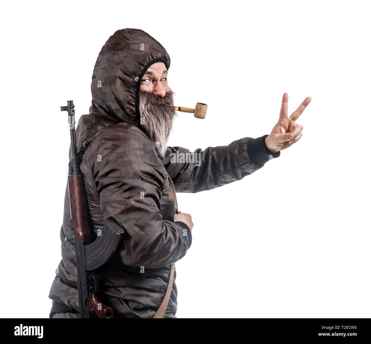 The bearded man with kalashnikov make gesture of victory isolated on a ...