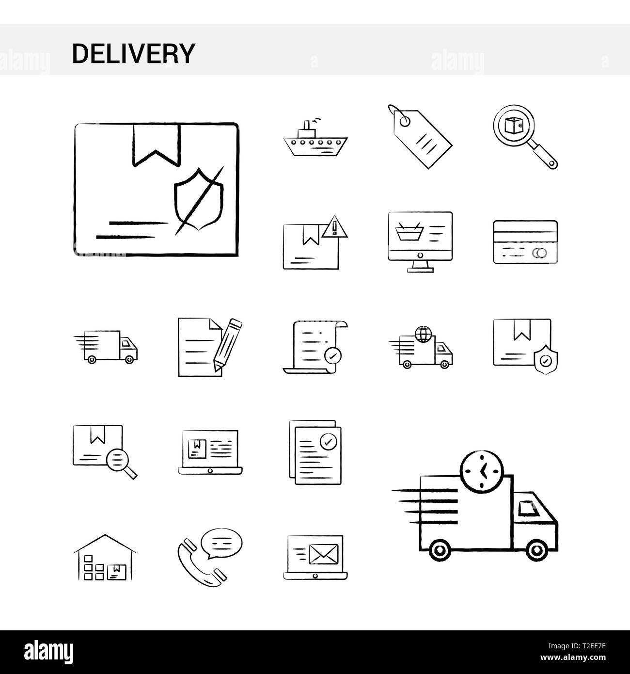 Delivery hand drawn Icon set style, isolated on white background ...
