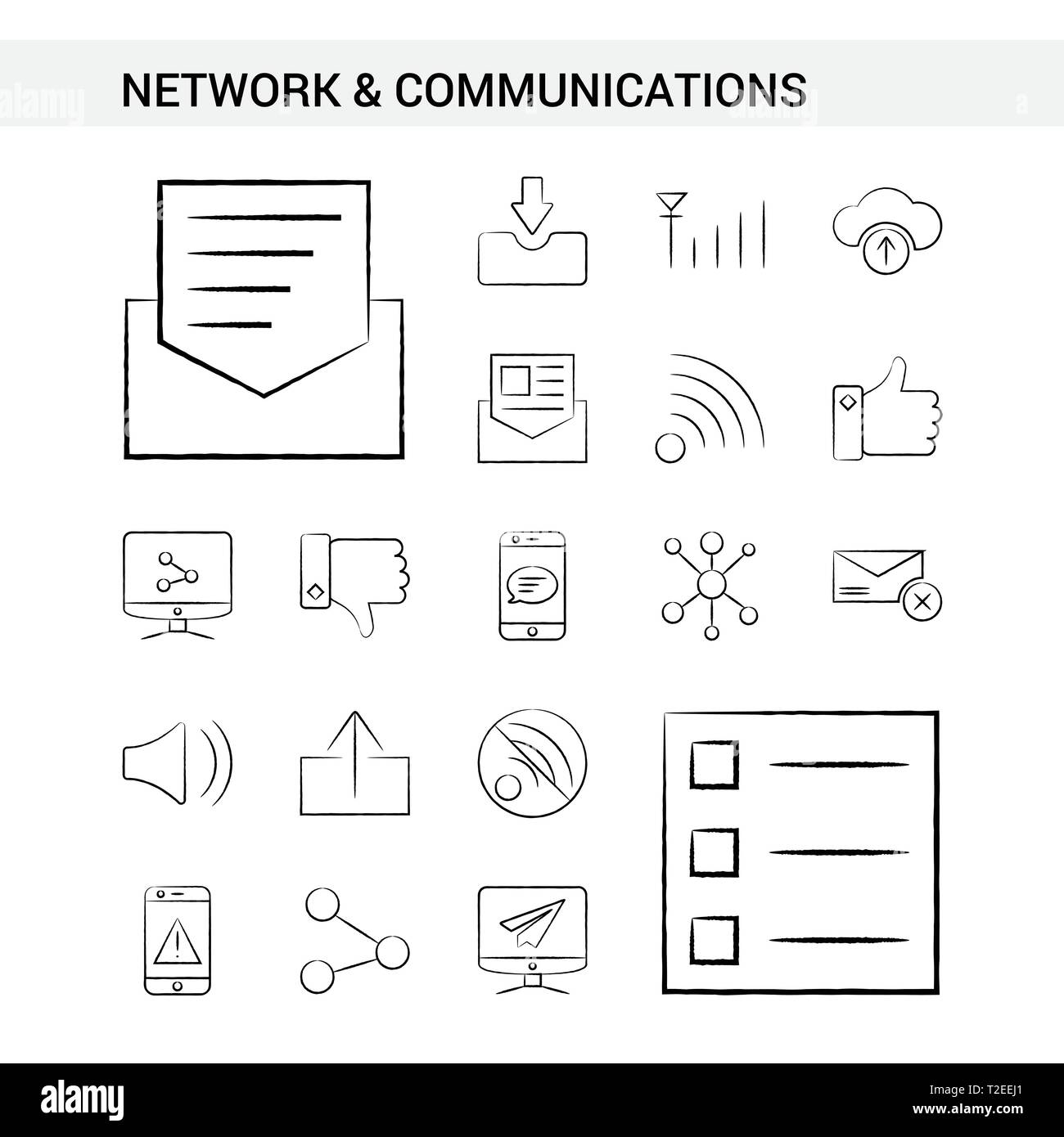 Network and Communication hand drawn Icon set style, isolated on white ...