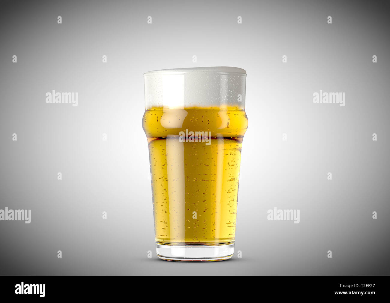 An imperial pint shaped beer glass filled with beer and a head of foam ...