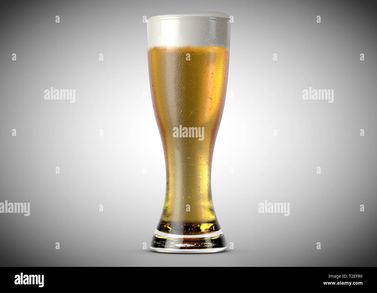 An ice cold weizen shaped beer glass filled with beer and a head of ...
