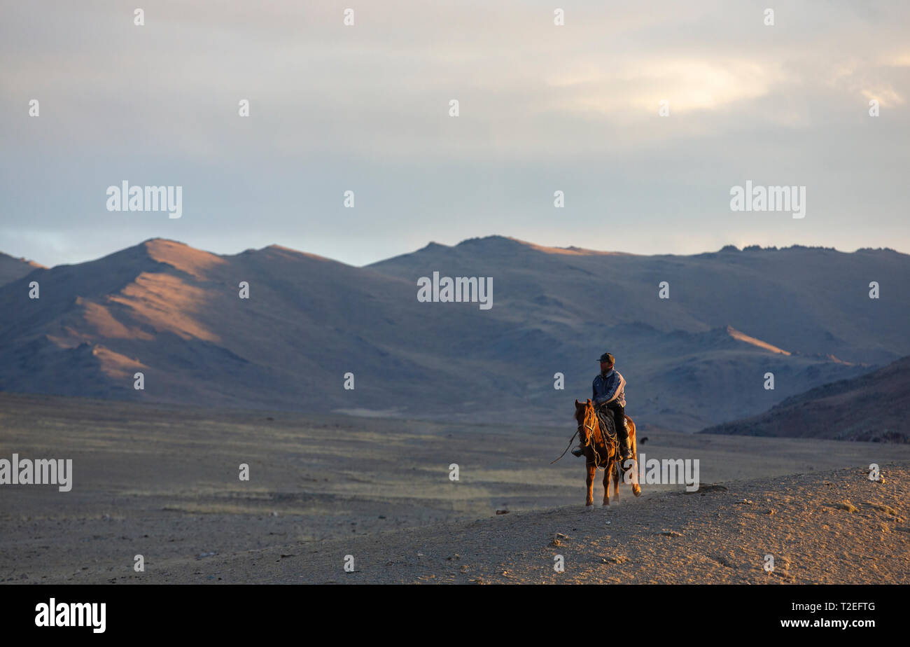 bayan Ulgii, Mongolia, 2nd October 2015: rider in a landscape of ...