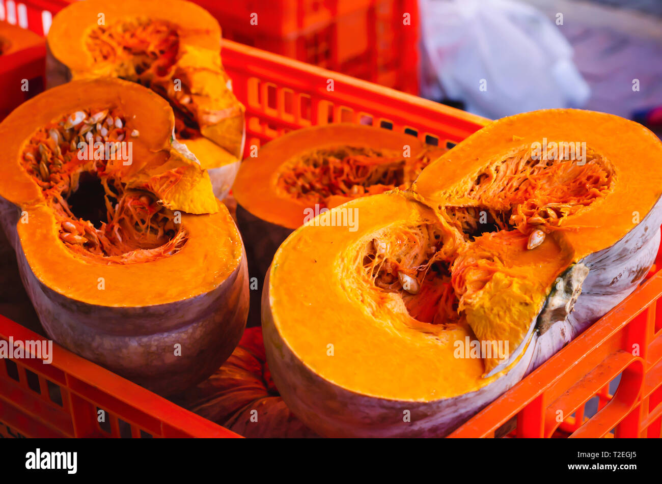 pumpkin or squash pumpkin image in market cut to show the freshness of ...