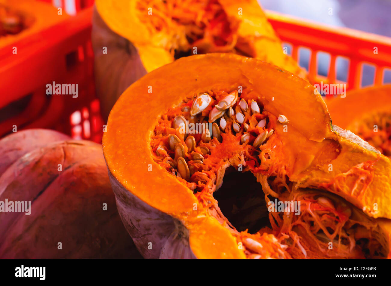 pumpkin or squash pumpkin image in market cut to show the freshness of ...