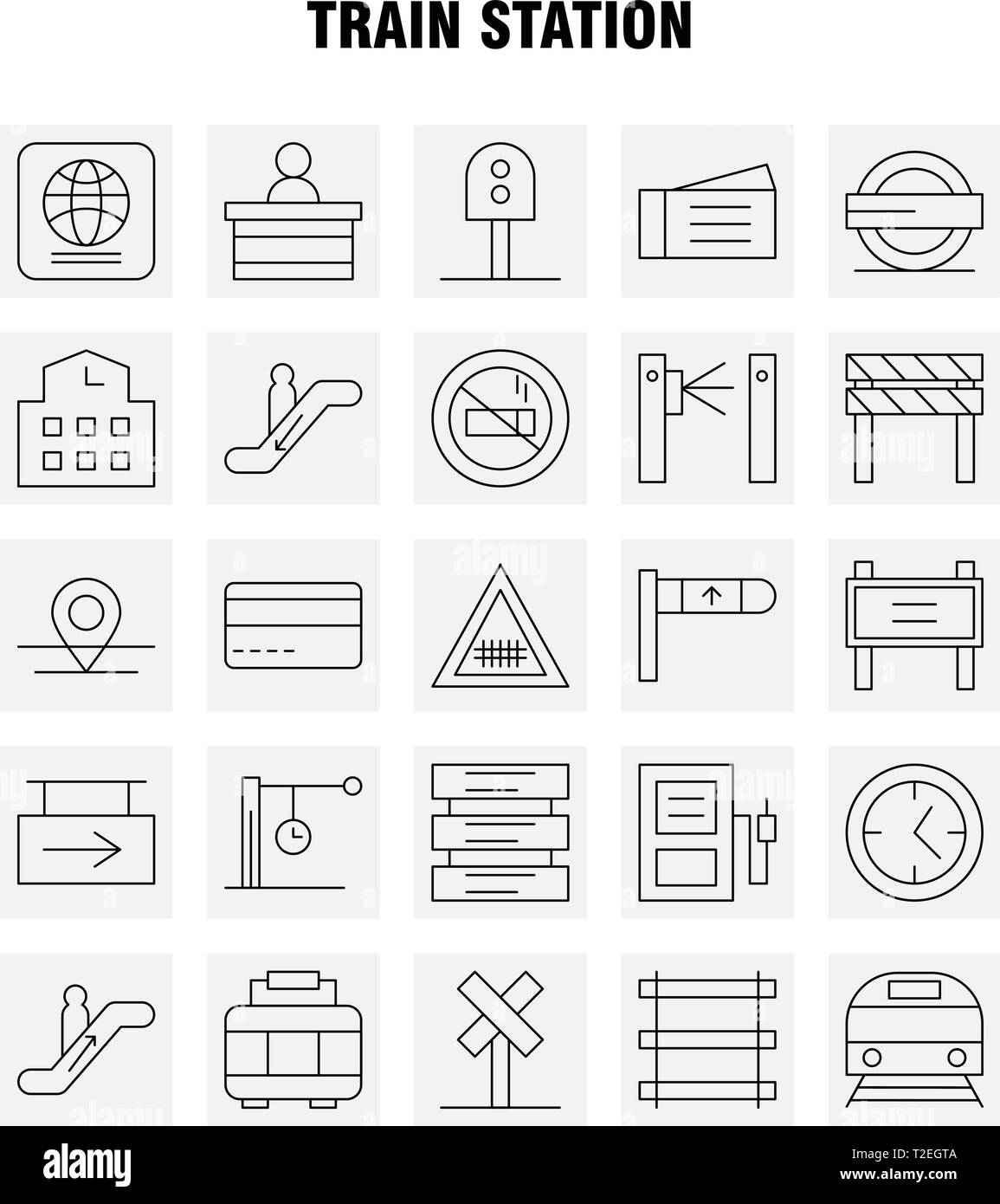 Train Station Line Icons Set For Infographics, Mobile UX/UI Kit And ...