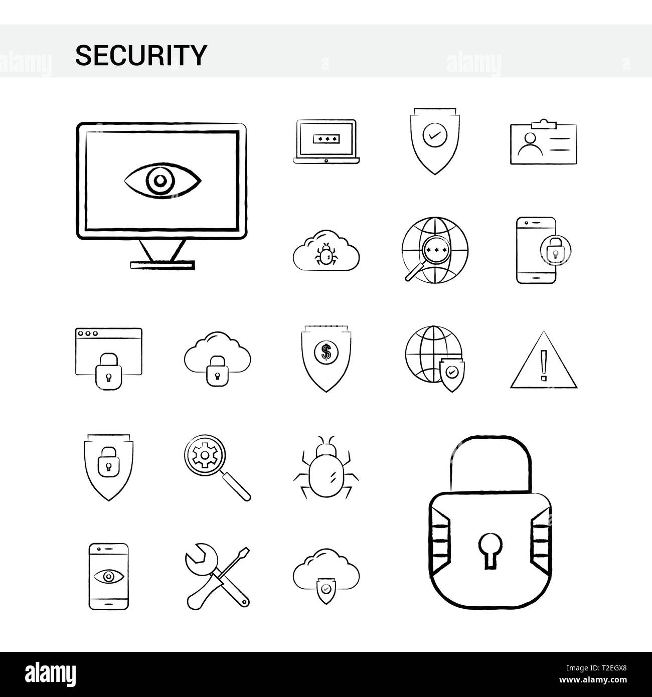 Security hand drawn Icon set style, isolated on white background ...