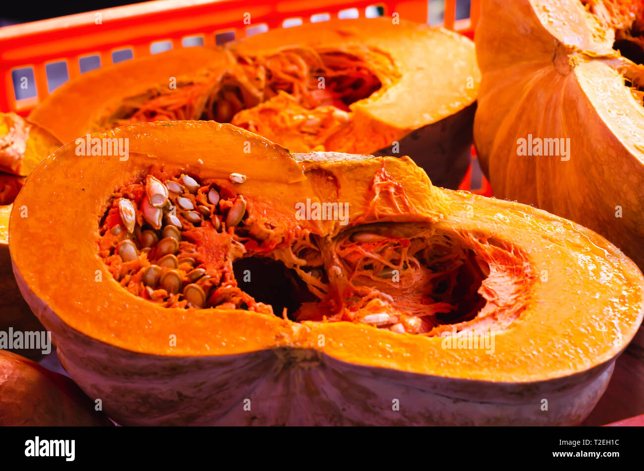 pumpkin or squash pumpkin image in market cut to show the freshness of ...