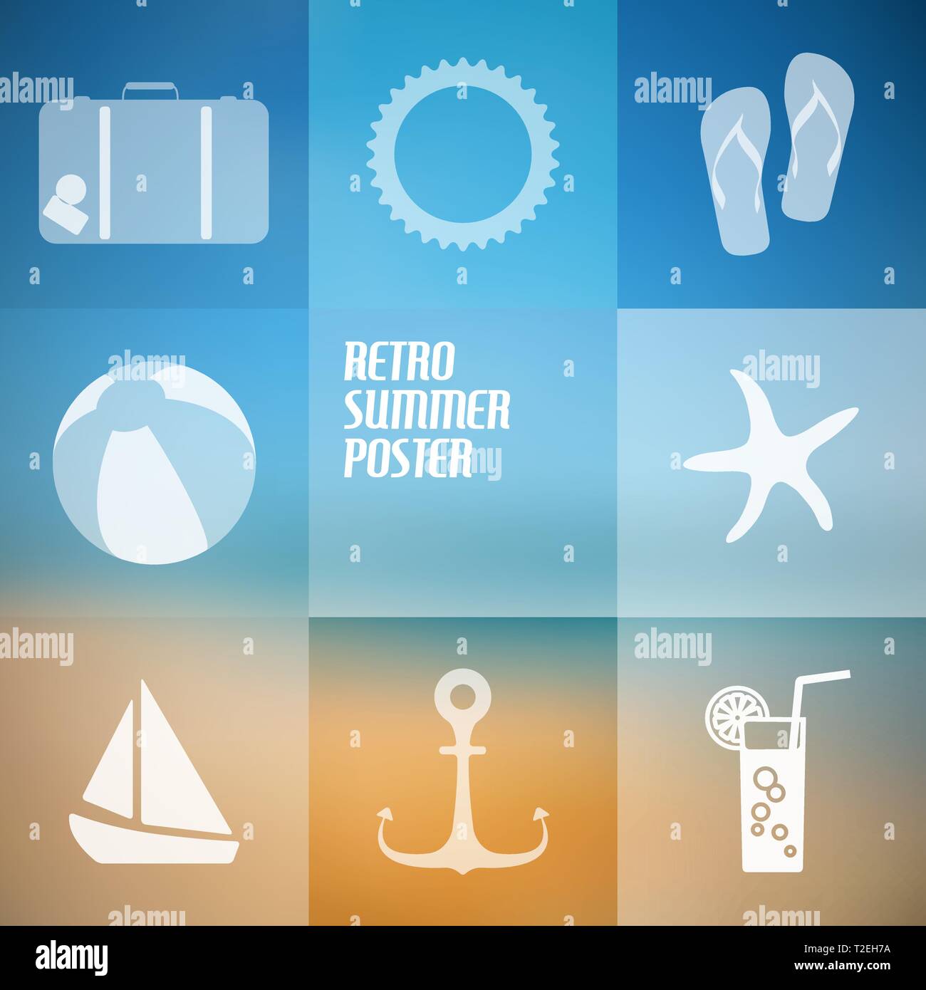 Vector summer poster made from icons with abstract beach background ...