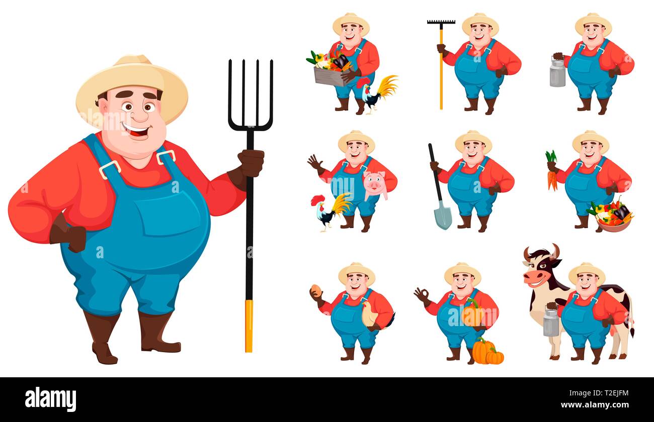 Fat farmer, agronomist, set of ten poses. Funny gardener man cartoon ...
