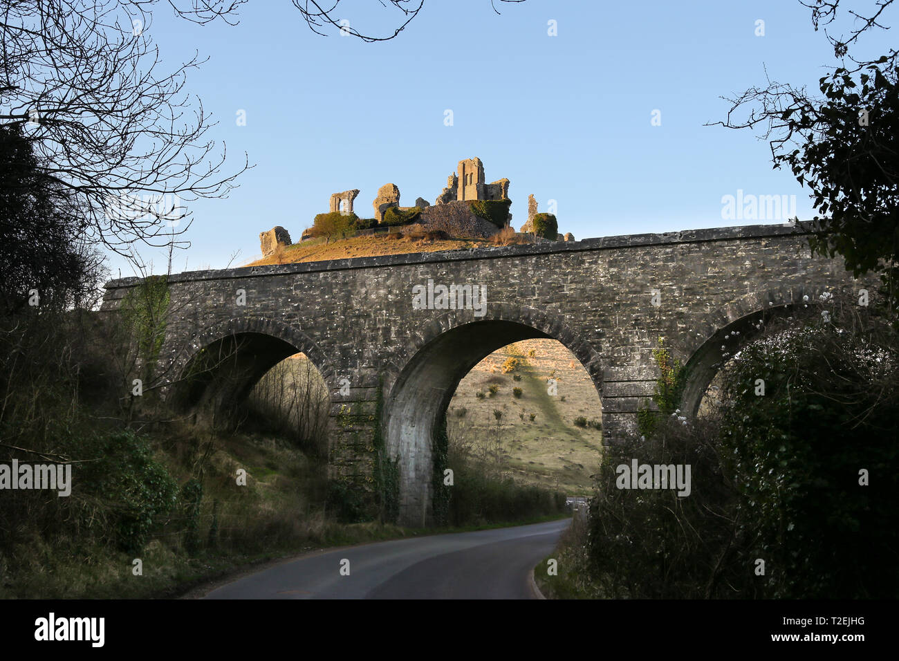 Corfe Castle behind old arched bridge Stock Photo - Alamy