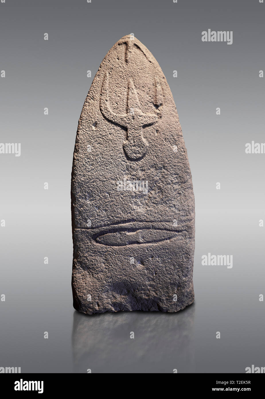 Late European Neolithic prehistoric Menhir standing stone with carvings ...