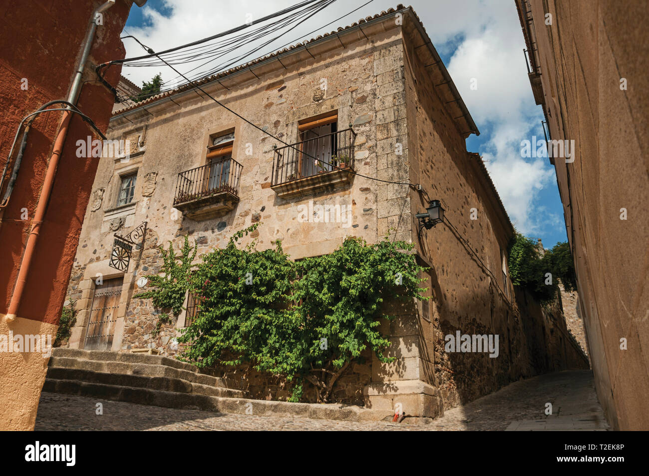 Old building facade with green creeper, on corner of narrow alley at ...