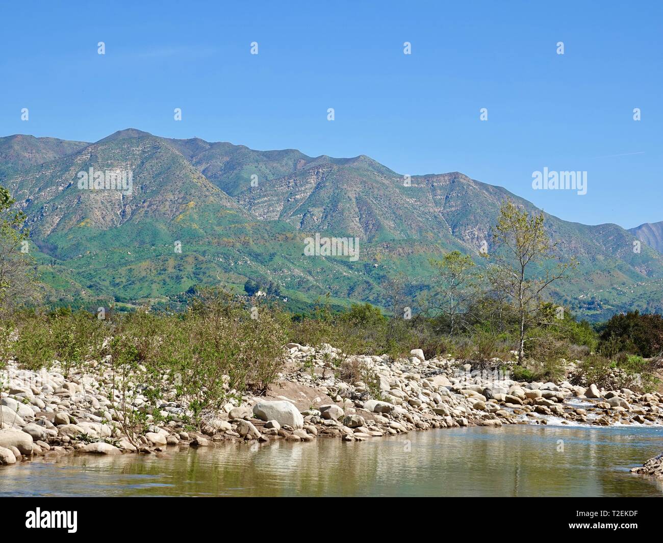 Landscape looking across the Ventura River towards the Topatopa Mountains, Ojai, California, USA ...