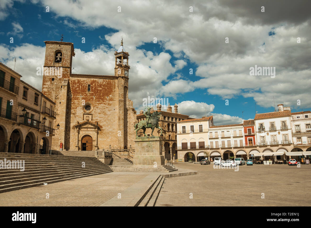San Martin Church, statue and old buildings in the Plaza Mayor of ...