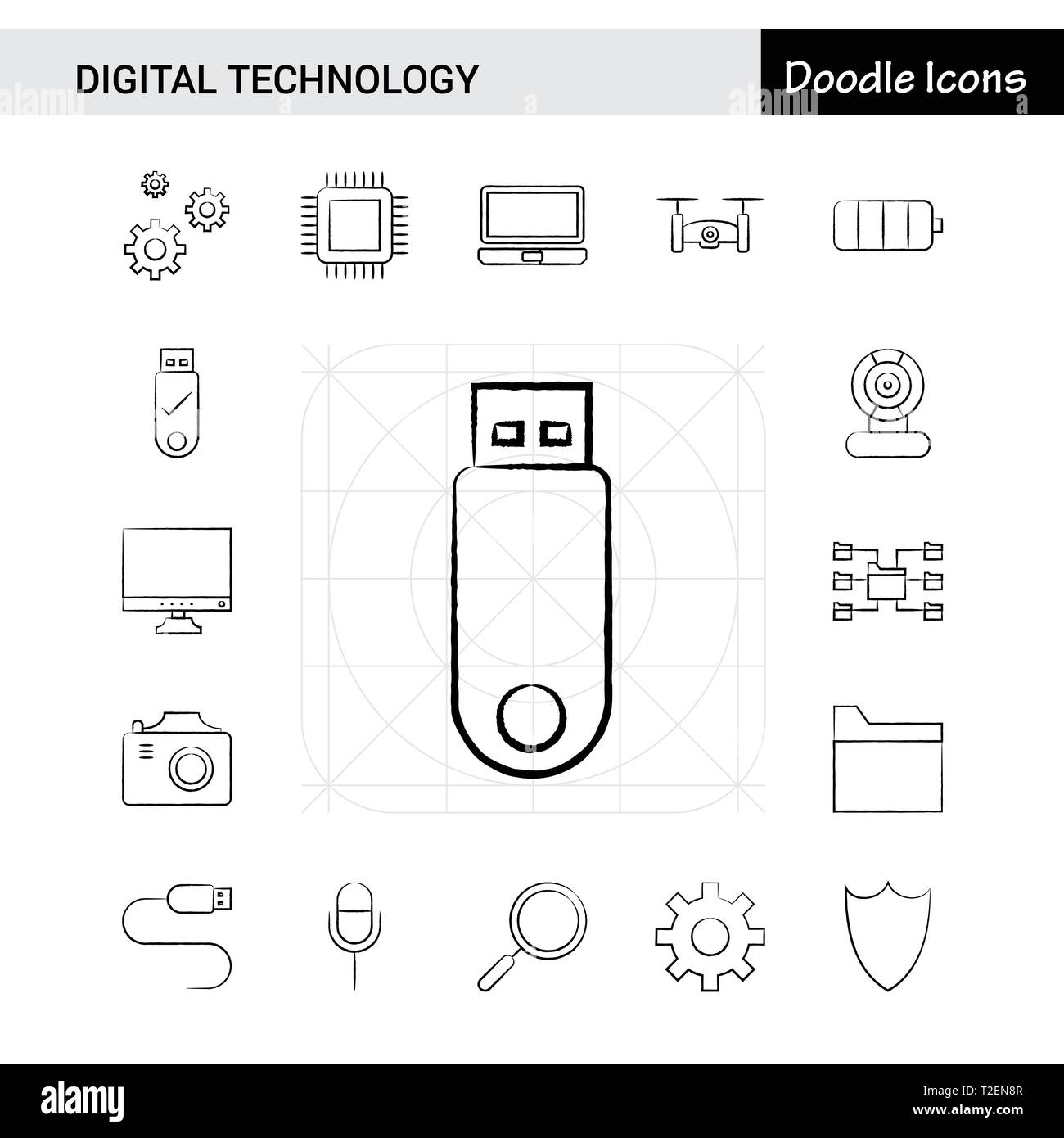 Set of 17 Digital Technology hand-drawn icon set Stock Vector Image ...