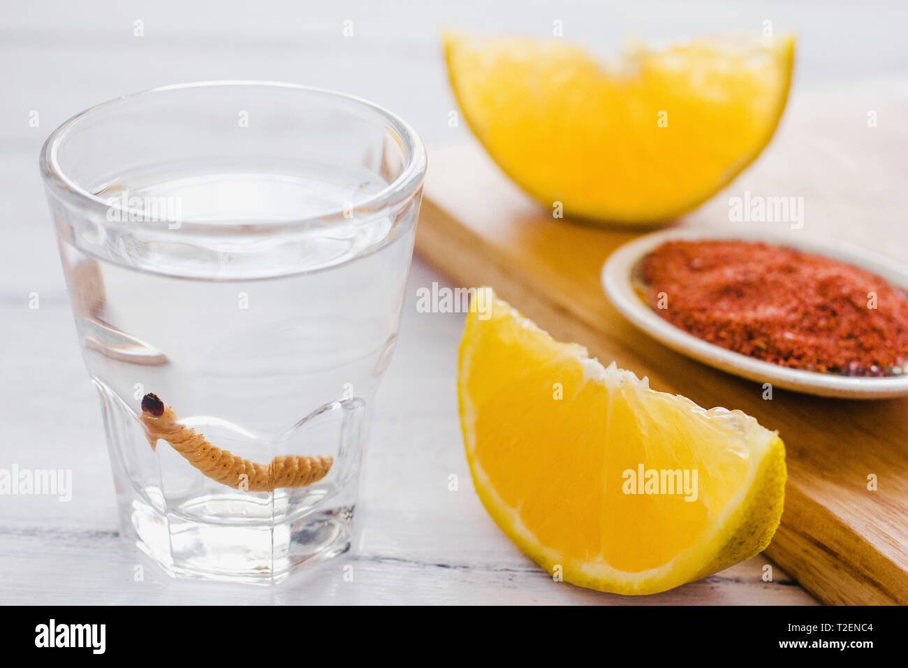 mezcal shot with chili salt and agave worm, mexican drink in mexico ...