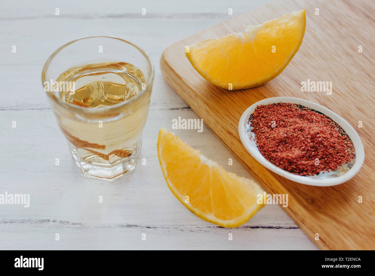 mezcal shot with chili salt and agave worm, mexican drink in mexico ...