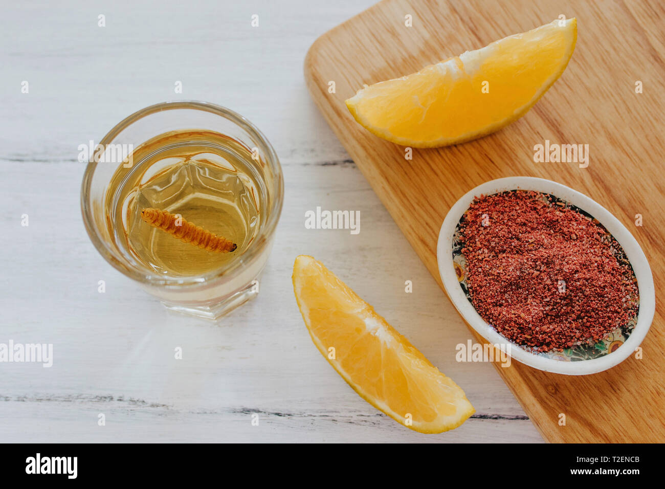 mezcal shot with chili salt and agave worm, mexican drink in mexico ...