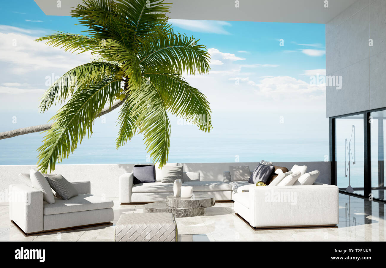 Tropical summer, luxury villa with palm, summer concept, 3d render ...