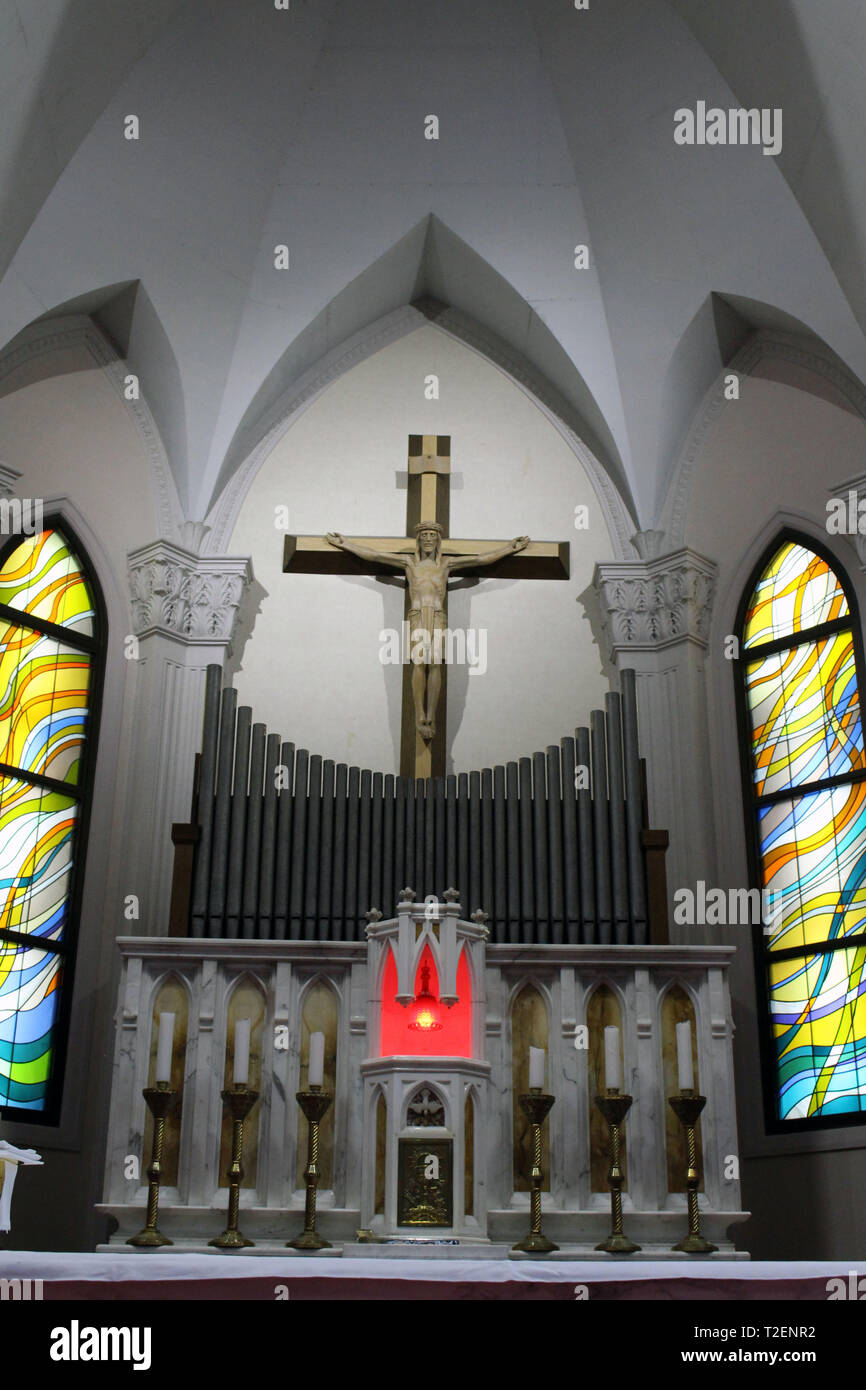 A Japanese Catholic church and its architecture inside. Taken in Beppu ...