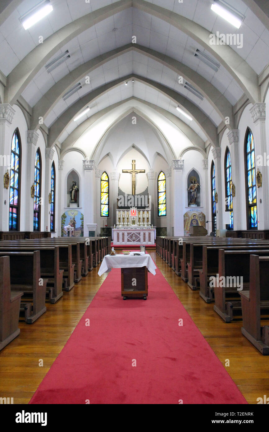 A Japanese Catholic church and its architecture inside. Taken in Beppu ...