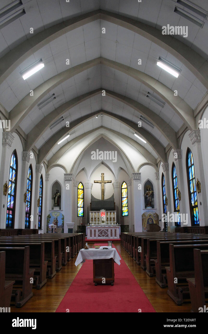 A Japanese Catholic church and its architecture inside. Taken in Beppu ...