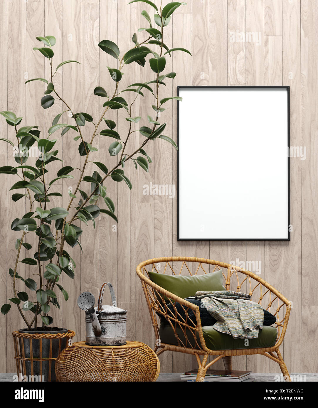 Mock up poster in garden interior background with chair, wooden wall ...