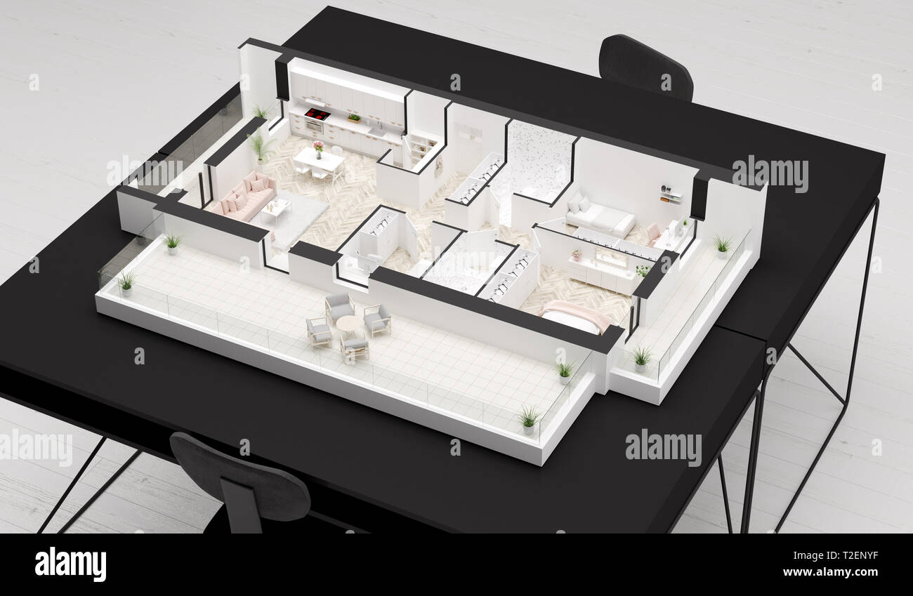 Home idea, interior layout on table. 3D illustration Stock Photo - Alamy