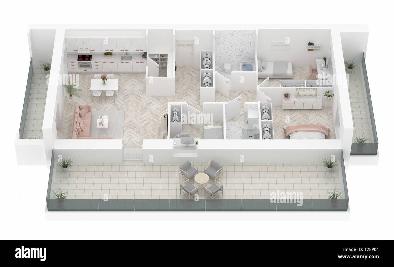 Floor plan of a home top view 3D illustration. Open concept living ...