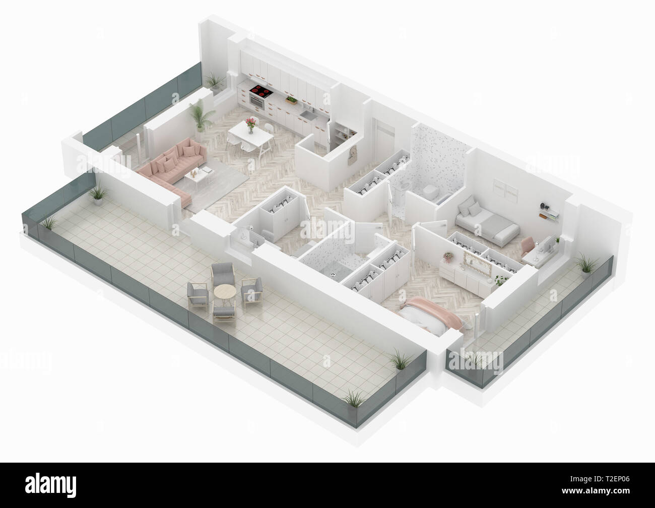 Floor plan of a home top view 3D illustration. Open concept living ...