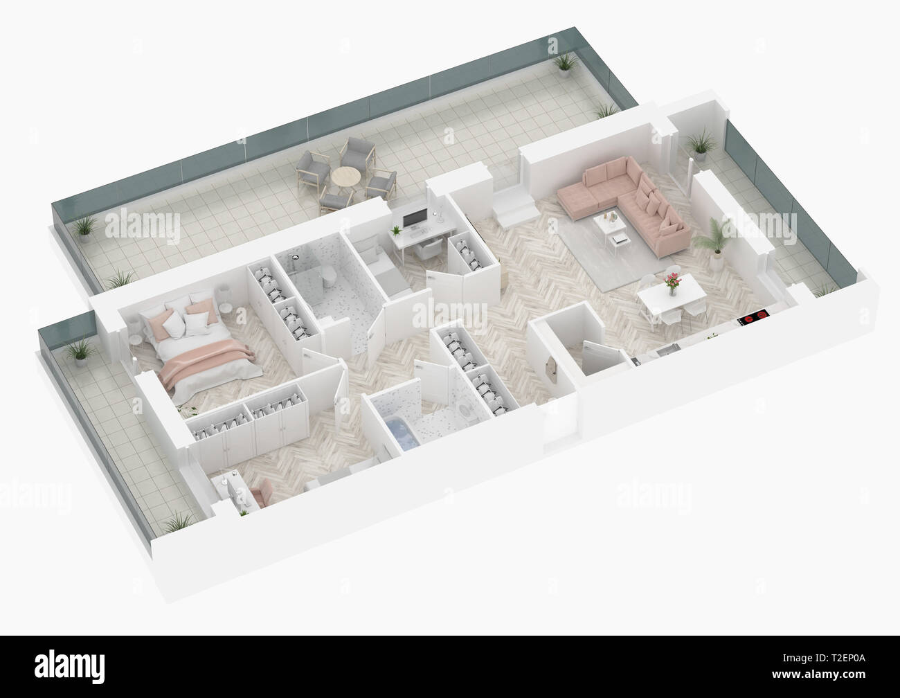Floor plan of a home top view 3D illustration. Open concept living ...