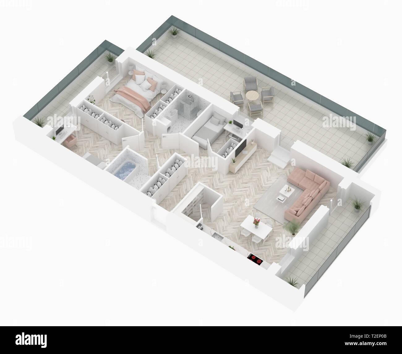 Floor plan of a home top view 3D illustration. Open concept living ...