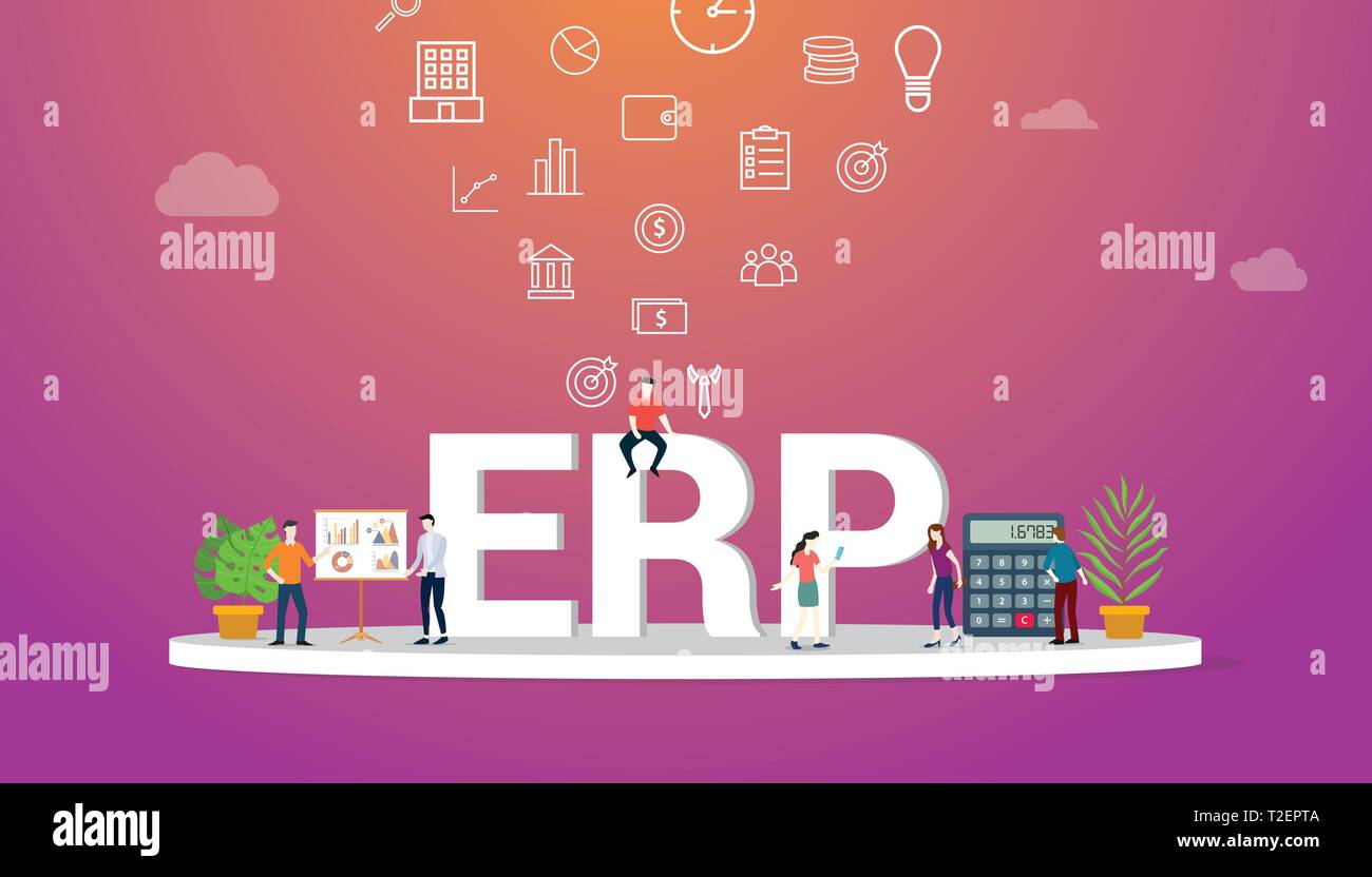 erp business concept with team people working together with big text ...
