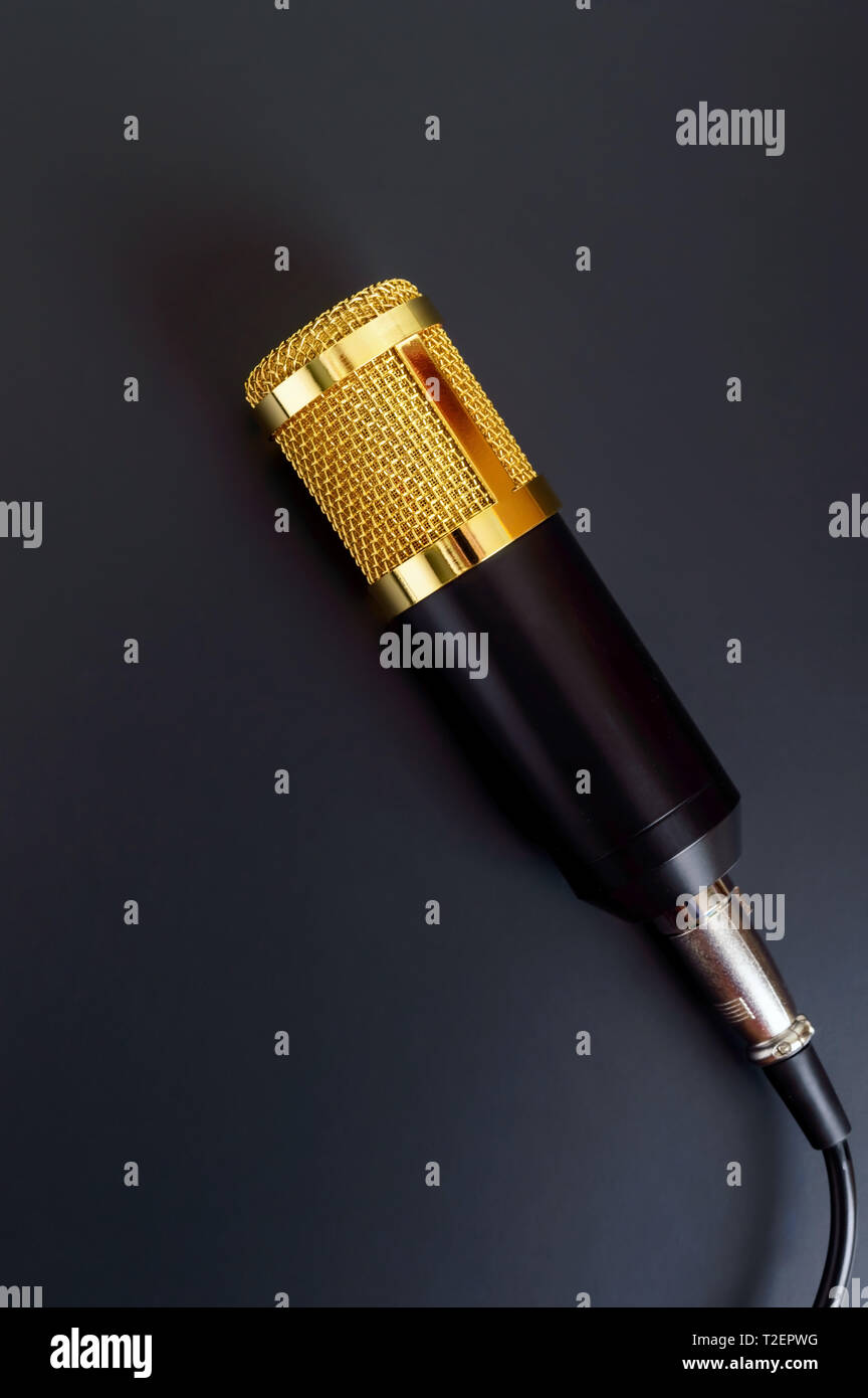 Beautiful golden microphone on a black background. The top view, flat ...